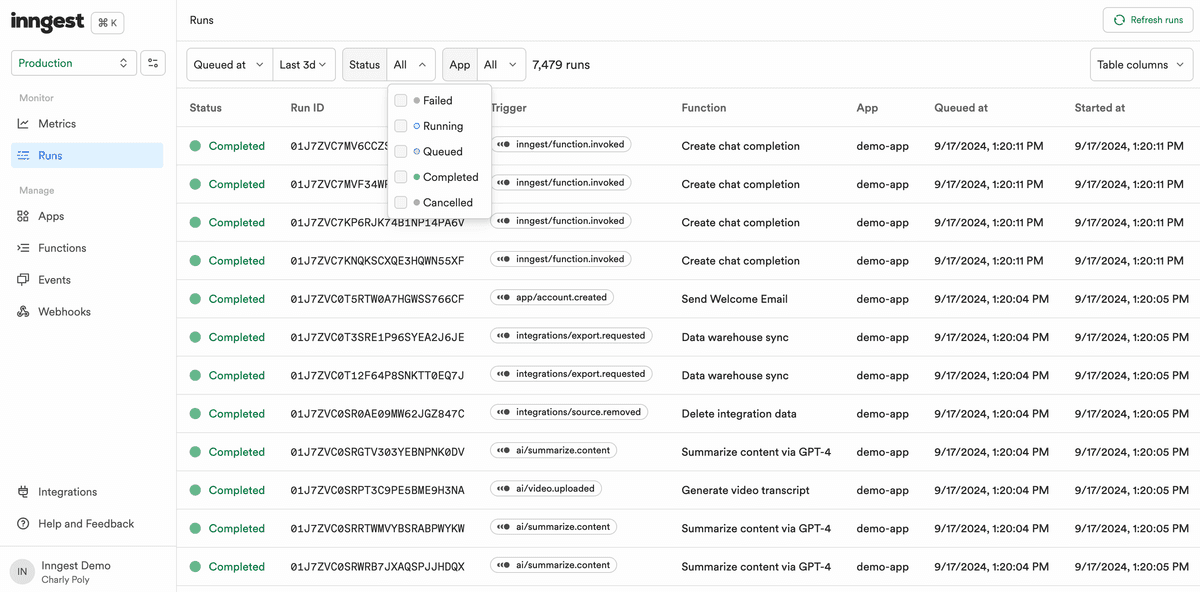Inspecting a Function run - Inngest Documentation